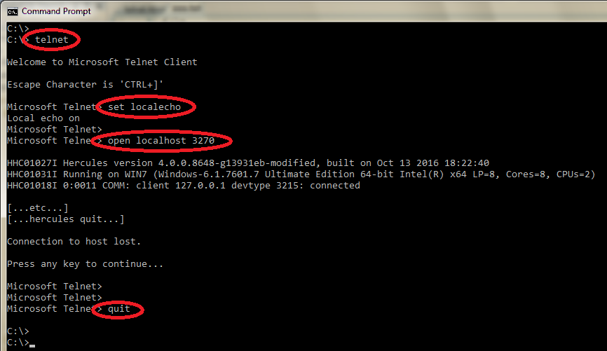 Hercules Version 4 Telnet Support